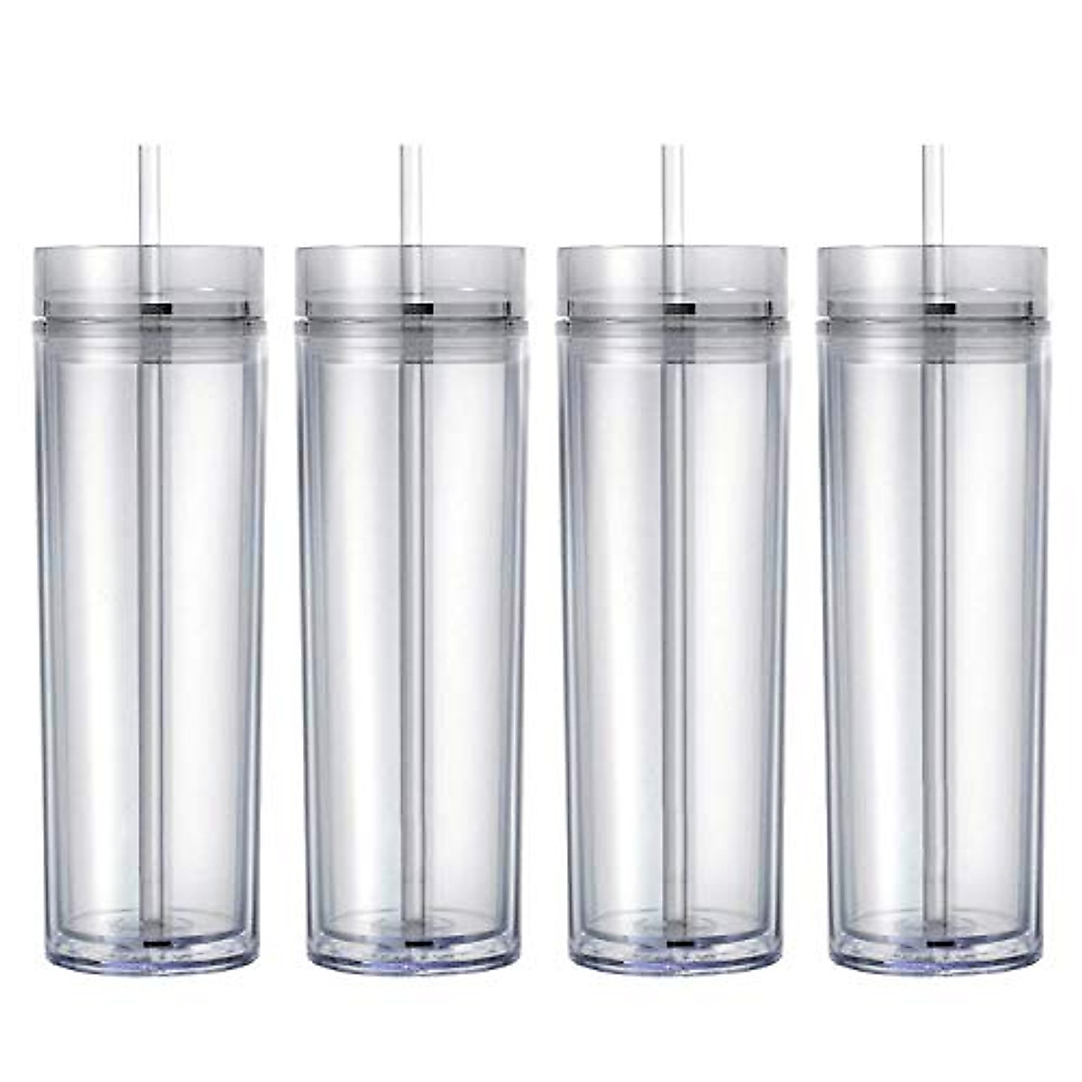 Maars Drinkware Double Wall Insulated Skinny Acrylic Tumblers with Straw and Lid, 16 oz. (4 pack, Clear)