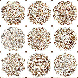 9 Pack 12x12 inches Mandala Stencils for Painting on Wood, Floor, Tile Fabric, Resuable Furniture Stencils Painting Template