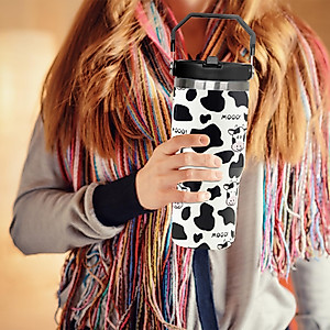 Cute Cow Tumbler with Handle and Straw, Stainless Steel Vacuum Insulated Flip Straw 30 oz Cow Tumbler Spill Proof Coffee Travel Mug Cow Gifts for Women