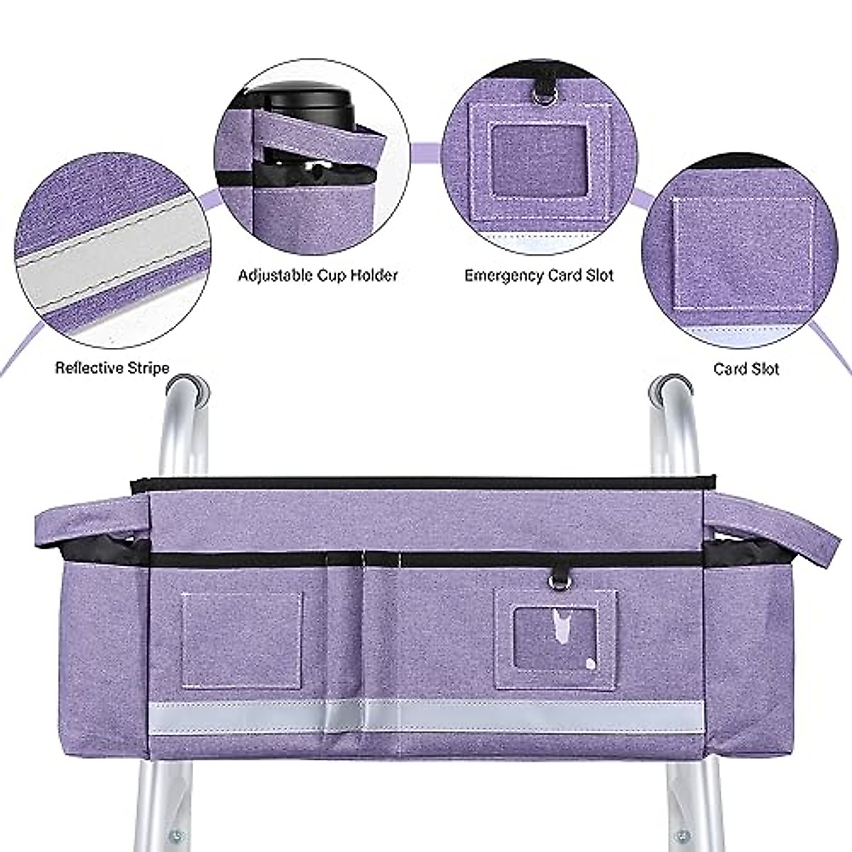 Walker Basket Walker Bag with Cup Holder,Baskets Bag for Walkers for Seniors with Pockets,Walker Pouch Walker Accessories for Folding Walker,Rollator Walkers (Purple)