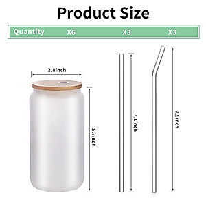 ktondic 6 Pack Sublimation Glass Cans Blanks Frosted, 16 OZ Sublimation Beer Tumblers with Lid and Straws,Frosted Glass CupsIce Coffee Cups for Juice Soda Cocktail