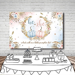 MEHOFOND 7x5ft Pumpkin Gender Reveal Backdrop Fall Autumn Pumpkin Boho Floral Gender Reveal Photography Background He or She What Will Our Little Pumpkin Be Party Decorations Banner Photo Studio Props