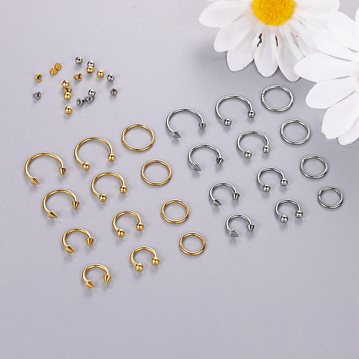LOREMOW 24Pcs 18G 16G Stainless Steel Septum Nose Rings Horseshoe Nose Hoops for Men Women Lip Ring Cartilage Tragus Helix Daith Earrings Septum Piercing Jewelry Replacement Balls Spikes 16G GS