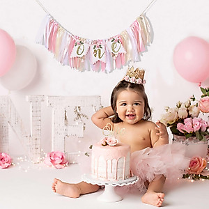 Pink and Gold High Chair Banner- Floral and Butterfly One Highchair Banner, 1st Birthday Party Decoration for Girls, Pink 1st Birthday Decor