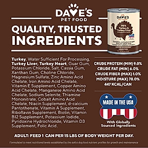 Dave's Pet Food Grain Free Wet Dog Food (95% Turkey & Turkey Liver), Made in USA Single-Source Protein, Limited Ingredients Added Vitamins & Minerals, 12.5 oz Cans (Case of 12)