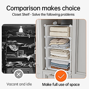 VIPZONE 4 Tier Closet Shelf, 12 inches Deep Stackable Closet Storage Shelves for Clothes,Easy Assembly Organizer Plastic Shelf Rack for Bedroom,White