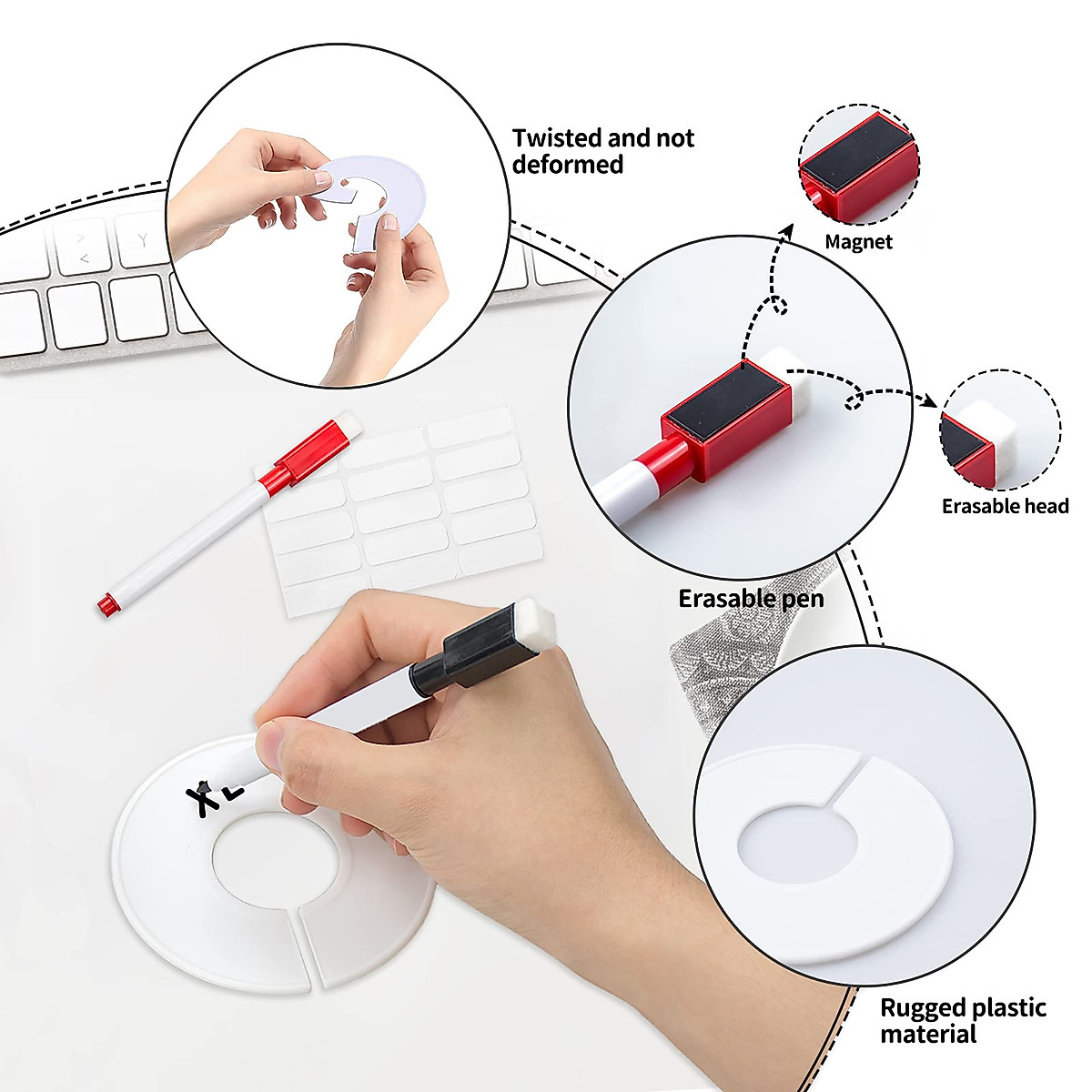 KMOTASUO 36Pcs White Clothing Rack Size Dividers, Round Clothes Hanger Separator Dividers with 150 Labels (1 Inch) and 2 Markers, Sturdy Baby Closet Organize Clothing Rod Dividers