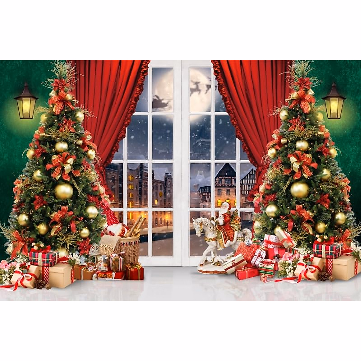Laeacco 8x6FT Christmas Photography Backdrop Polyester Christmas Window View Red Curtain Background Xmas Trees White Horse Santa Gifts Merry Christmas Party Decor Banner Portrait Photo Studio Shoot