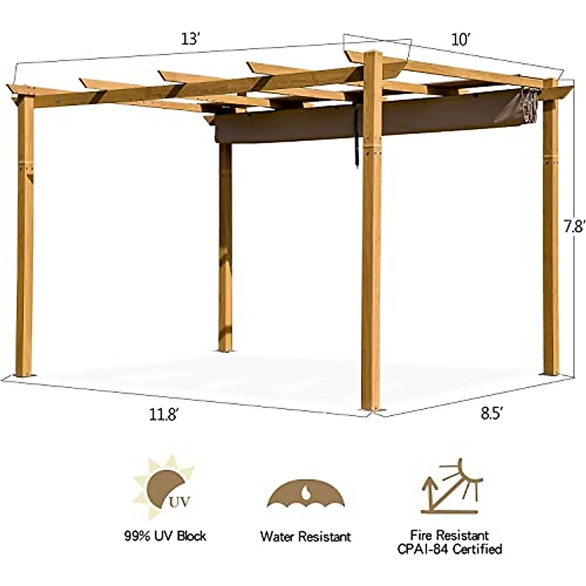 Domi 10' X 13' Outdoor Retractable Pergola Canopy, Aluminum Patio Pergola, Sun Shade Shelter for Backyards, Gardens, Patios, Deck, Ideal for BBQ, Party, Beach and More, Wood-Looking