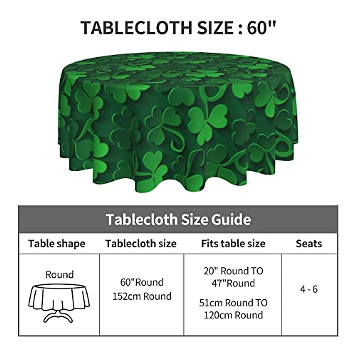 Sweetshow St Patricks Day Tablecloth Round 60 Inch Clover Shamrock Print Decorative Round Dark Green Table Cloth Decor for Home Kitchen Dining Room Party Picnic Holiday Decorations