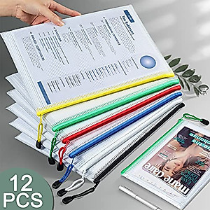 12-Pack Mesh Zipper Pouch Bags | A4 Zippered Pouches with Lanyard Design Perfect for Organizing & Protecting Documents and Items | Waterproof Zip Bags for Storage, Toy & Travel | 6 Colors Available.