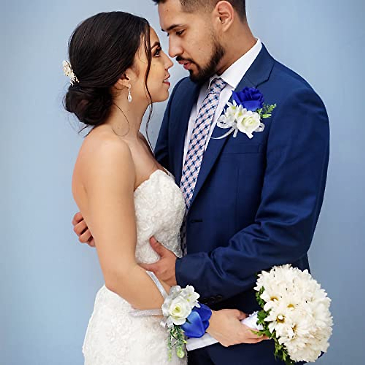 V-BICUIYUAN Corsage and Boutonniere Set-Prom Artificial Peony Rose Flower Wrist Corsage Bracelets, Homecoming Corsage Wristlet, for Wedding Flowers Accessories Prom Suit Decorations (Royal Blue)