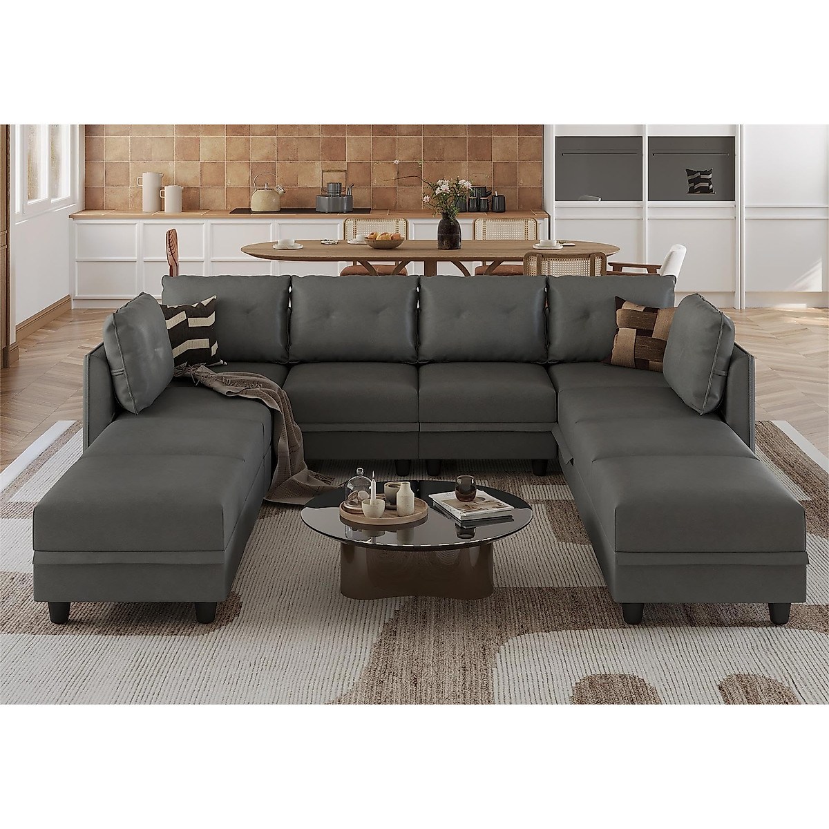 LLappuil Modular Sectional Sofa, Oversized Sectional Couch with Reversible Chaise, Modular Sectionals for Living Room, Faux Leather Fabric Waterproof Sofa, 10 Seat Couch with Storage, Dark Grey