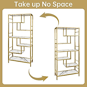 AT-VALY 6 Tier Bookcase Bookshelf, 72.4”Tall Modern Freestanding Bookshelf with 6 Shelves, Faux Marble Open Display Storage Book Shelves for Living Room Bedroom Home Office (Gold)