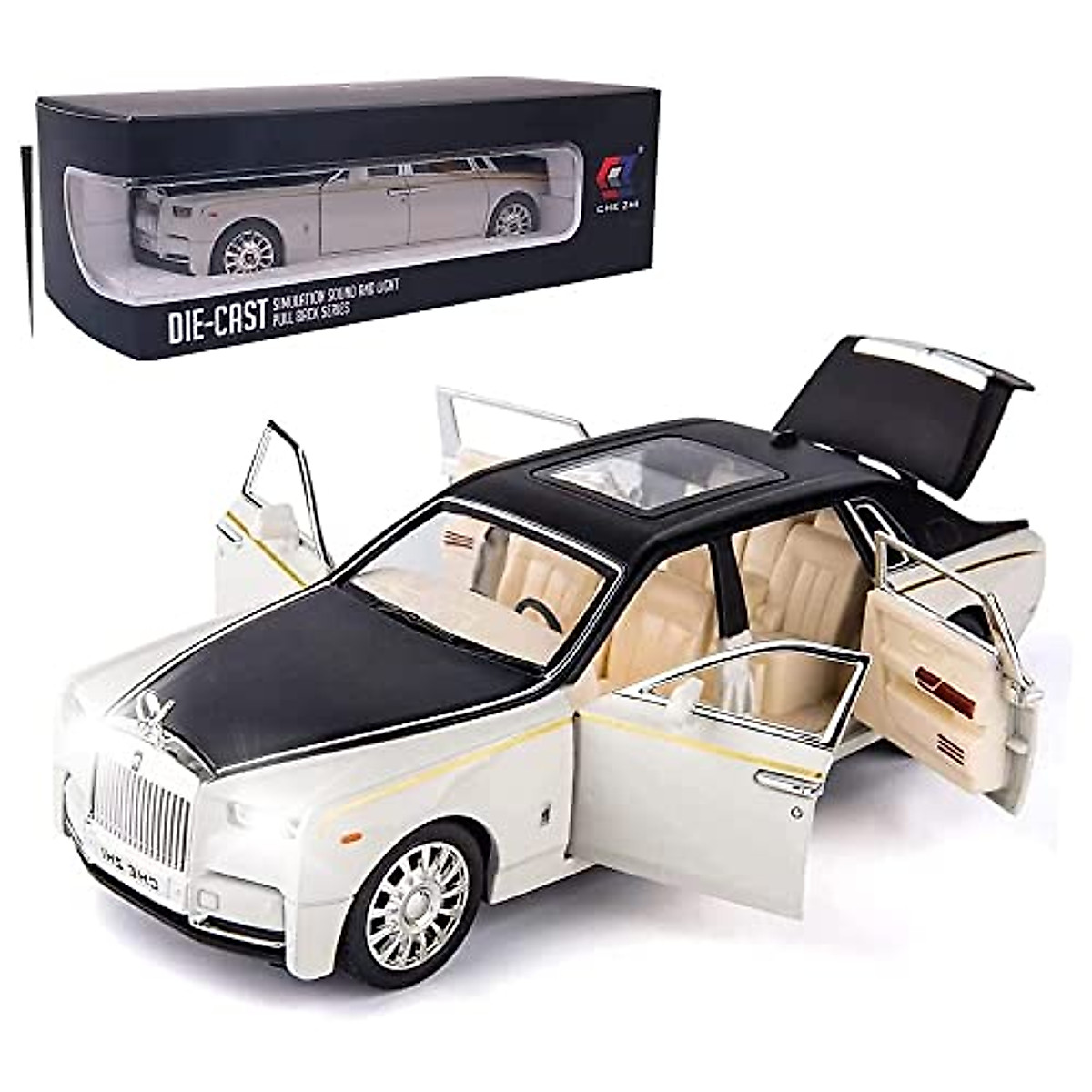 EROCK Exquisite car Model 1/24 Rolls-Royce Phantom Model Car,Zinc Alloy Pull Back Toy car with Sound and Light for Kids Boy Girl Gift. (White)