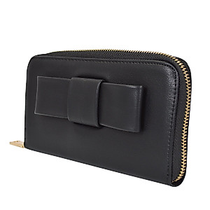 Women's Bow Front PU Leather Zip Around Wallet, Black