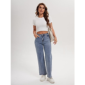 PEIHOT 90S Wide Leg Pants for Women Stretchy Mid Waisted Raw Hem Straight Leg Jeans Denim Pants 2023 Trendy Light Blue