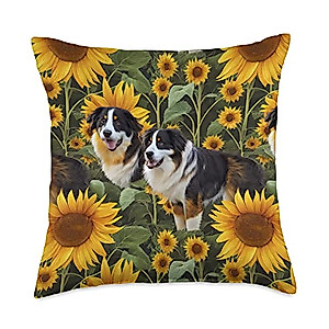 Australian Shepherds Lovers Accessories Cute Australian Shepherds Enchanted Sunflower Garden Drawing Throw Pillow, 18x18, Multicolor