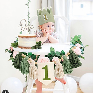 Handmade Boho 1st Birthday Wild One Green High Chair Banner Boho 1st Birthday Hat Decorations for Woodland Party for Girl Baby Shower Green Safari Wall Hangings Decorative for Kids Bedroom