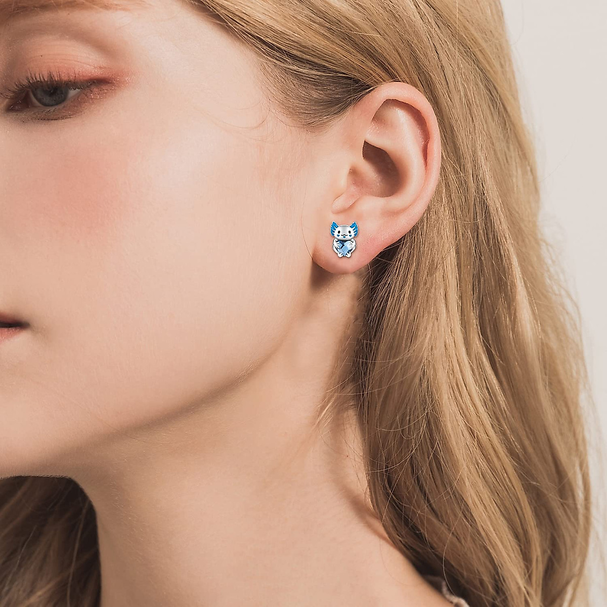 Axolotl Earrings Sterling Silver Sea Creature Stud Earrings Hypoallergenic Cute Earrings with Blue Crystal Kawaii Jewelry Gifts for Women Daughter