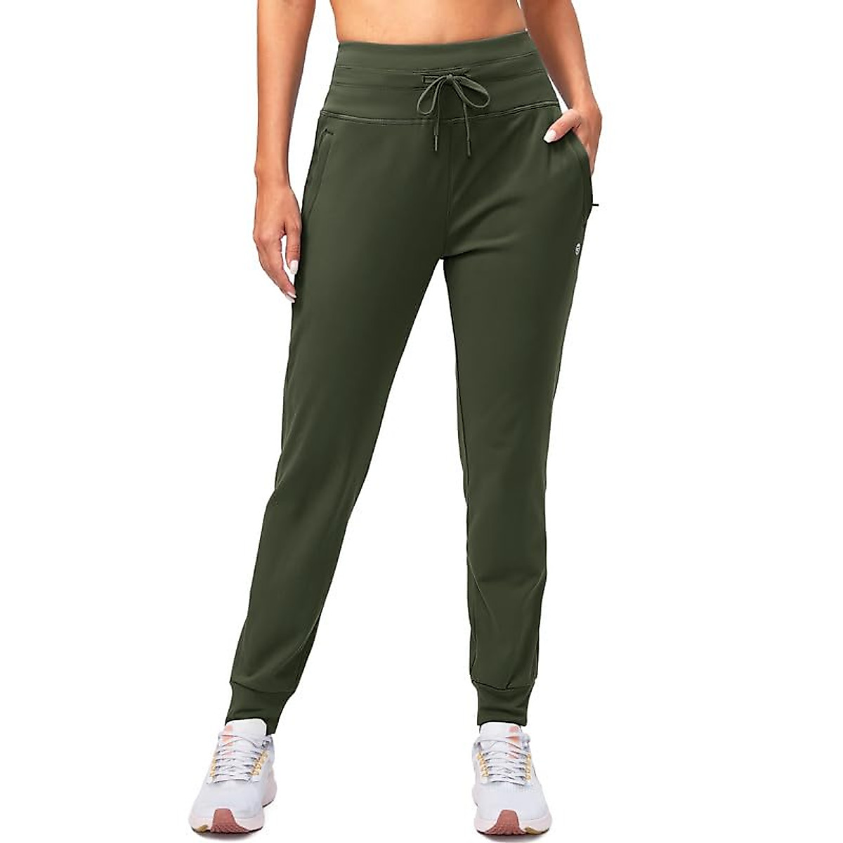 G Gradual Women's Fleece Lined Joggers High Waisted Water Resistant Thermal Winter Sweatpants Running Hiking Pockets(Olive, L)