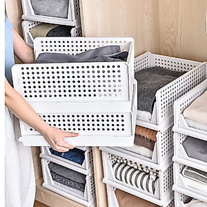 jocabo Folding Wardrobe Storage Box 4-Pack Plastic Drawer Organizer Stackable Shelf Baskets Cloth Closet Containers Bin Cubes,Home Office Bedroom Laundry Fold Pull Out Dividers for Clothes,Toys White