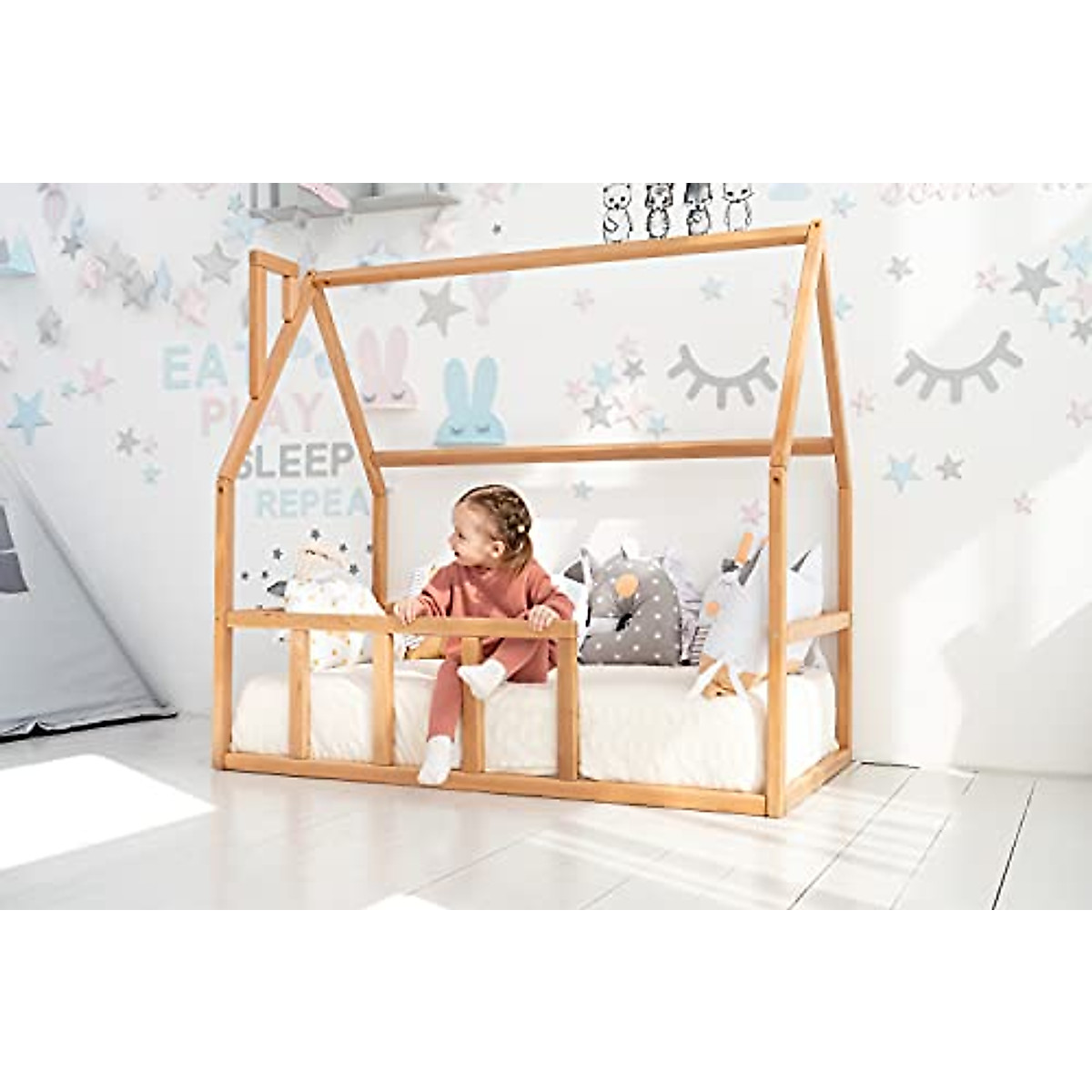 BUSYWOOD House Bed for Kids - Toddler Bed - Platform Bed Frame - Montessori Floor Bed - Full Size Bed - Queen Bedframe, Natural Wood (FLOOR BED FOR SLEEPING ONLY)