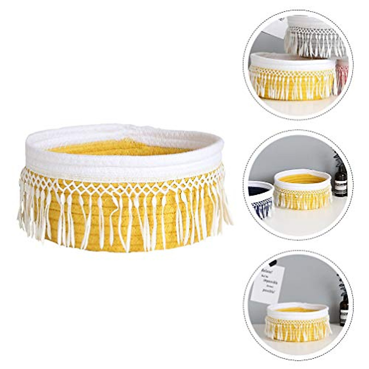 Cabilock Desk Topper Sundries Woven Storage Basket Decorative Tassel Storage Bins Basket Foldable Kid Organizer Makeup Books Storage Basket (Yellow) Macrame Decor