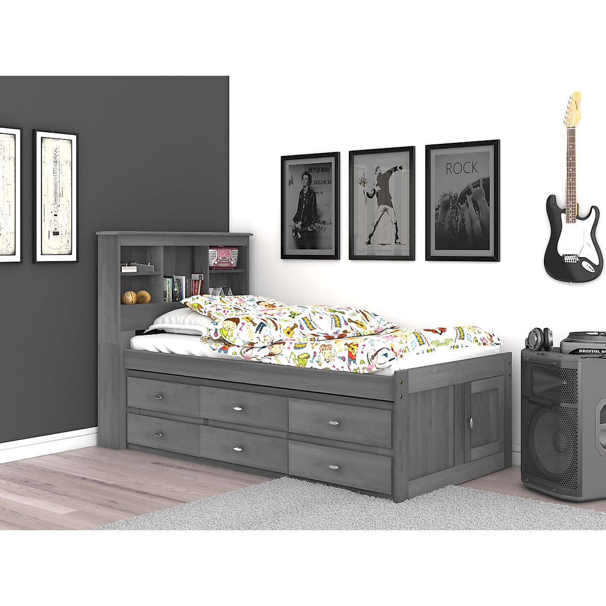OS Home and Office Furniture Solid Pine Twin Captains Bookcase Bed with 6 Drawers in Charcoal Gray