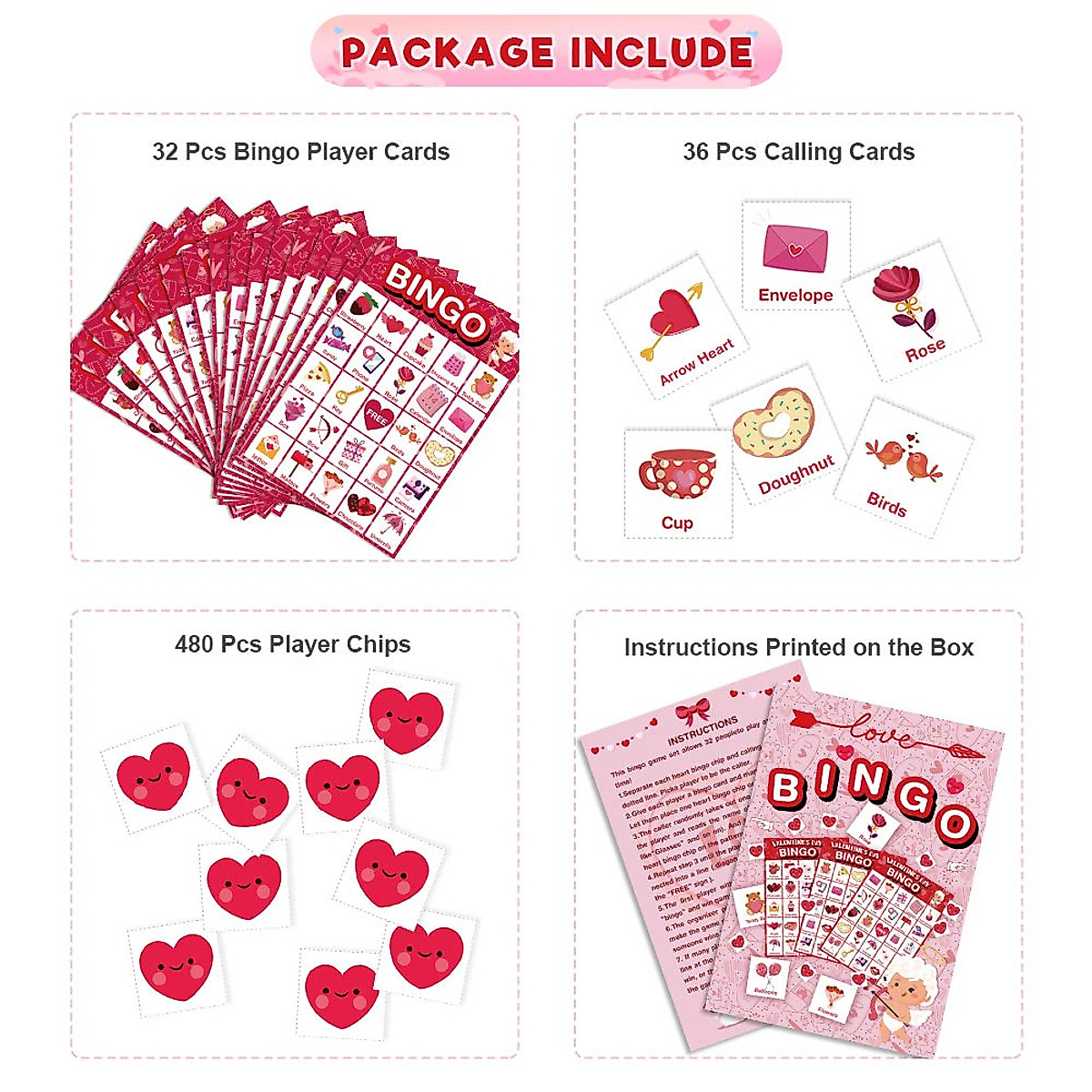 Officygnet Valentine's Day Bingo Game Cards, 32 Players for Kids Party Card Games, School Classroom Group Games, Family Activity, Valentines Party Favors Supplies