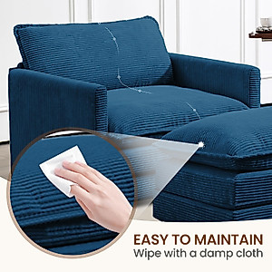 ROWHY Single Armchair with Ottoman, Modern Corduroy Cloud Couch with Convertible Chaise, Upholstered Sofa Set for Living Room and Office, Blue