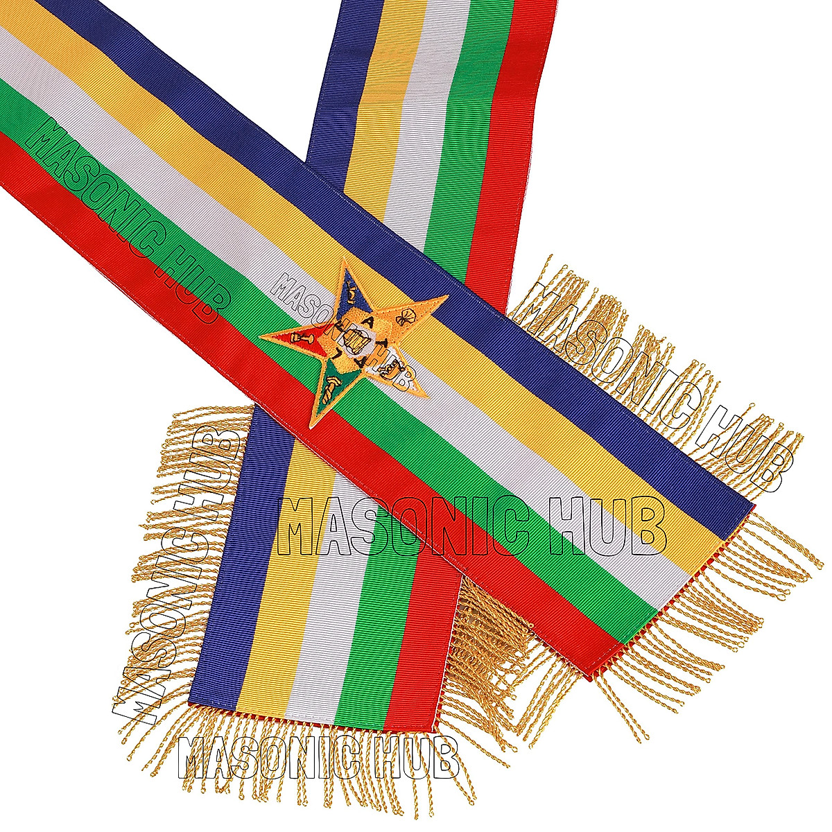 Masonichub Masonic Order of Eastern Star OES Sash Five Color With Soft Gold Fringe Side O.E.S Hand Embroidered Star