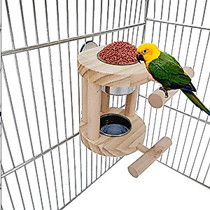 Bird Feeding Cups with Wooden Perch Stand, Bird Cage Stainless Steel Food Water Feeder with Wooden Platform for Parrot Macaw African Greys Budgies Parakeet Cockatiels Conure Lovebirds Finch Pigeon