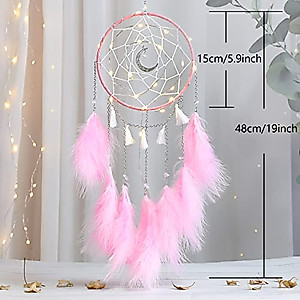 Nice Dream Pink Dream Catchers, Room Nursery Decor for Girls Boys, Handmade Feather Wall Decor with Lights, Home Ornaments Craft Gift for Bedroom