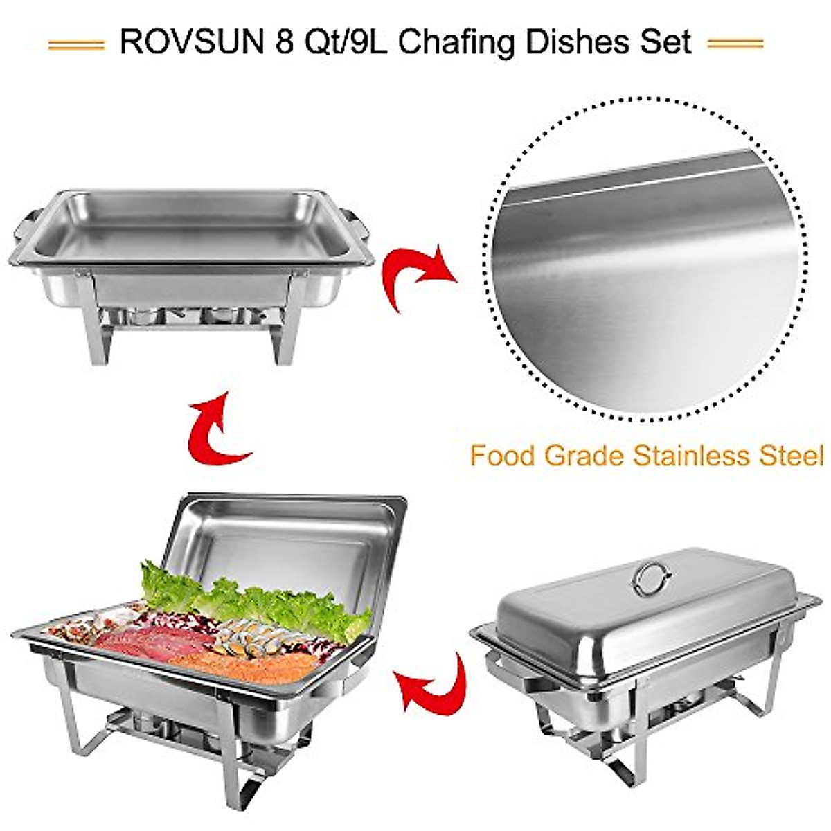 ROSVUN Upgraded Stainless Steel Chafing Dish Buffet Silver Round Catering Warmer Set with Food and Water Trays, Mirror Cover, Thick Stand Frame for Kitchen Party Banquet (2 Round+ 2 Rectangular)