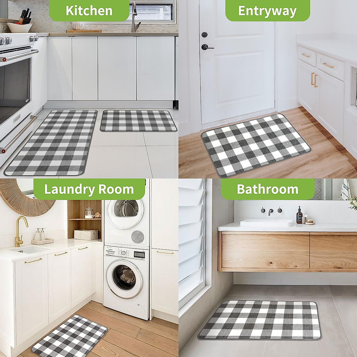 Matace Buffalo Check Plaid Kitchen Rug Set - 2PCS (17x47 & 17x29), Farmhouse Style, Non-Printed Woven Surface, Non-Slip, Machine Washable, Gray & White