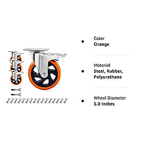 D&L 5 Inch Swivel Casters Wheels 1500lbs Heavy Duty Castors with Brake Polyurethane Dual Locking Casters Set of 4 Orange DL-I5-001