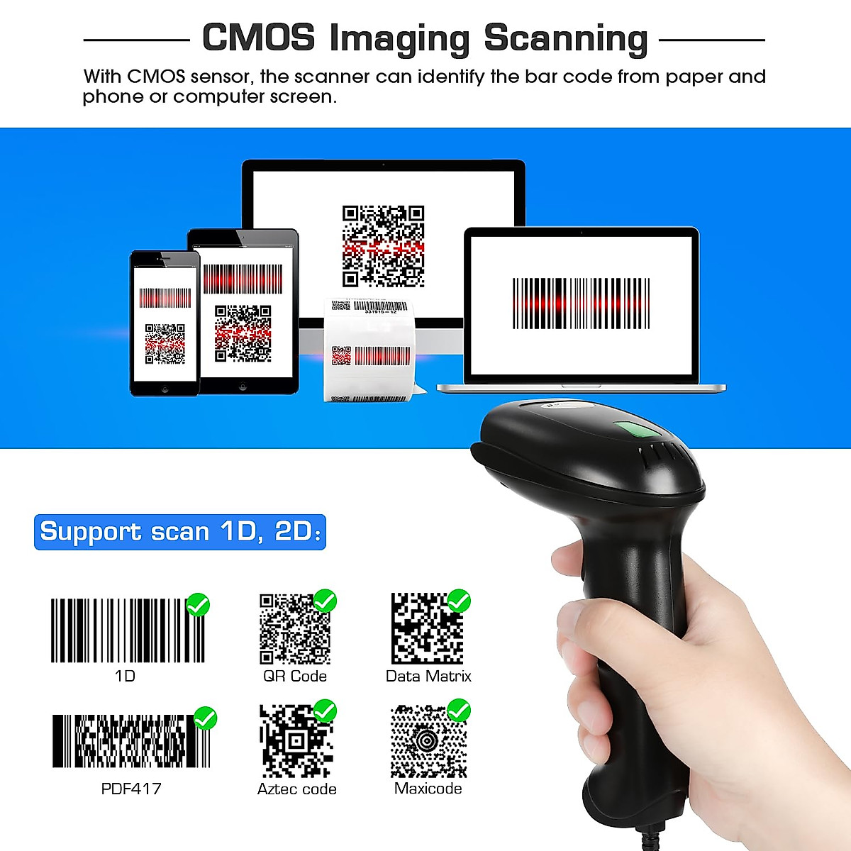 WoneNice USB Wired 1D 2D Barcode Scanner, Automatic Square QR Code Scanner for Computer POS Screen Scaning, Handheld CMOS Image Bar Code Reader for Retail Store Warehouse Library Supermarket, Black