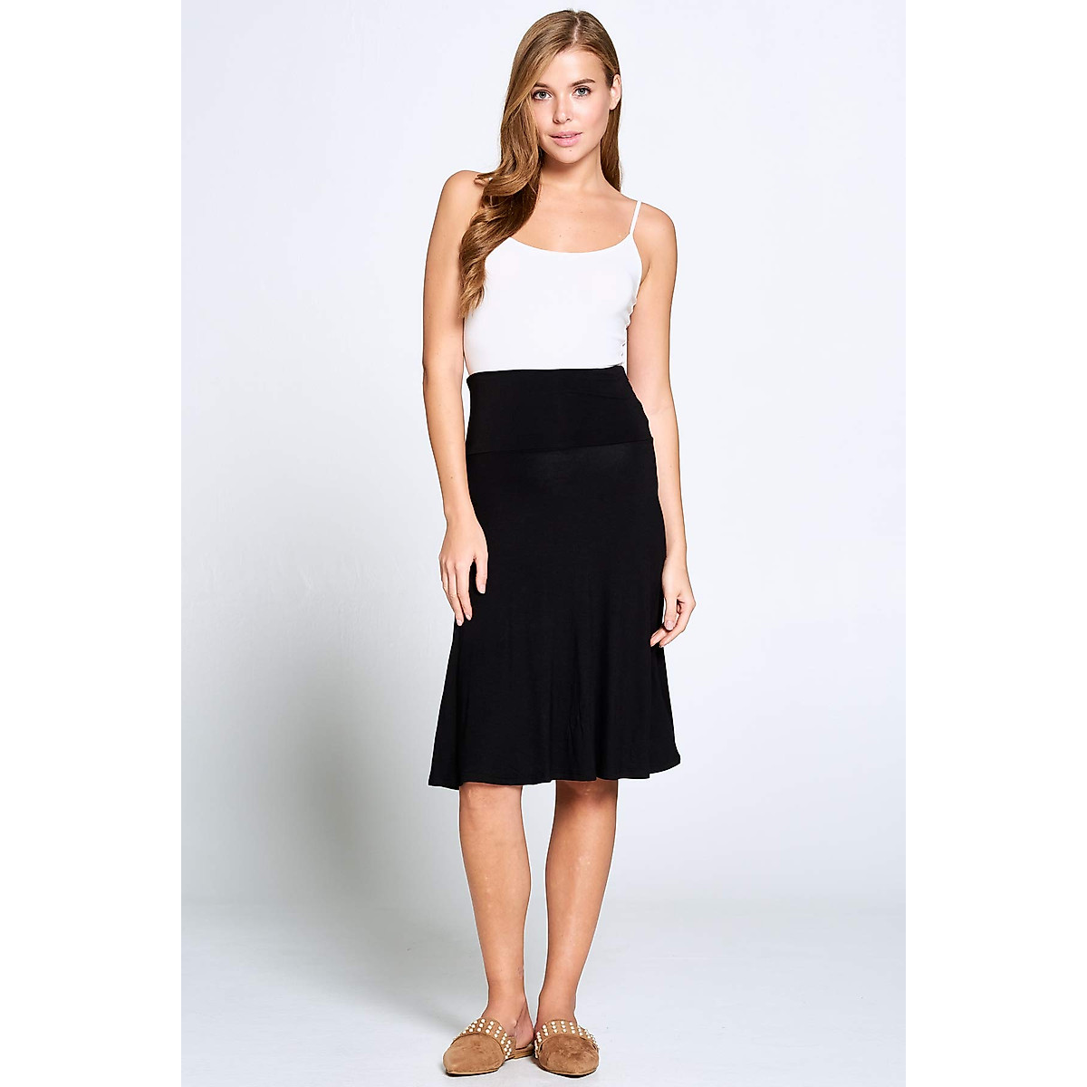 Popana Womens Casual Knee Length A-Line Stretch Midi Skirt Plus Size Made in USA Size XL Black