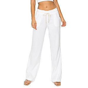 Cali1850 Women's Casual Linen Pants 32" Inseam Oceanside Drawstring Smocked Waist Lounge Beach Pants with Pockets White X-Large