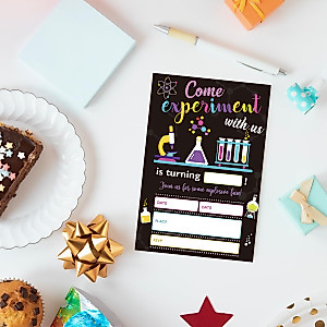 UDNADKEX Science Birthday Invitations Girl with Envelopes, Invites for Girls Birthday Party Science, Mad Science Birthday Party Invitations Cards, 4"x6" Set of 20, Some Explosive Fun