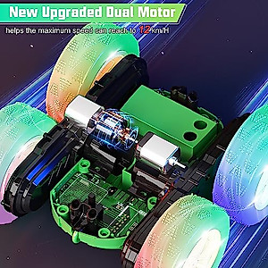 28℃ Remote Control Car, RC Cars Stunt Car Toy, 4WD 2.4Ghz Double Sided 360° Rotating RC Stunt Car with Headlights Wheel Lights, RC Cars Toys Gift for Kids Boys Girls on Birthday Christmas (Green)