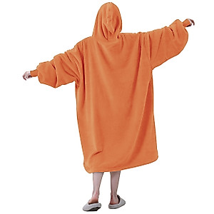Easy-Going Oversized Flannel Wearable Blanket Hoodie for Adults, One Size Fits All, Orange