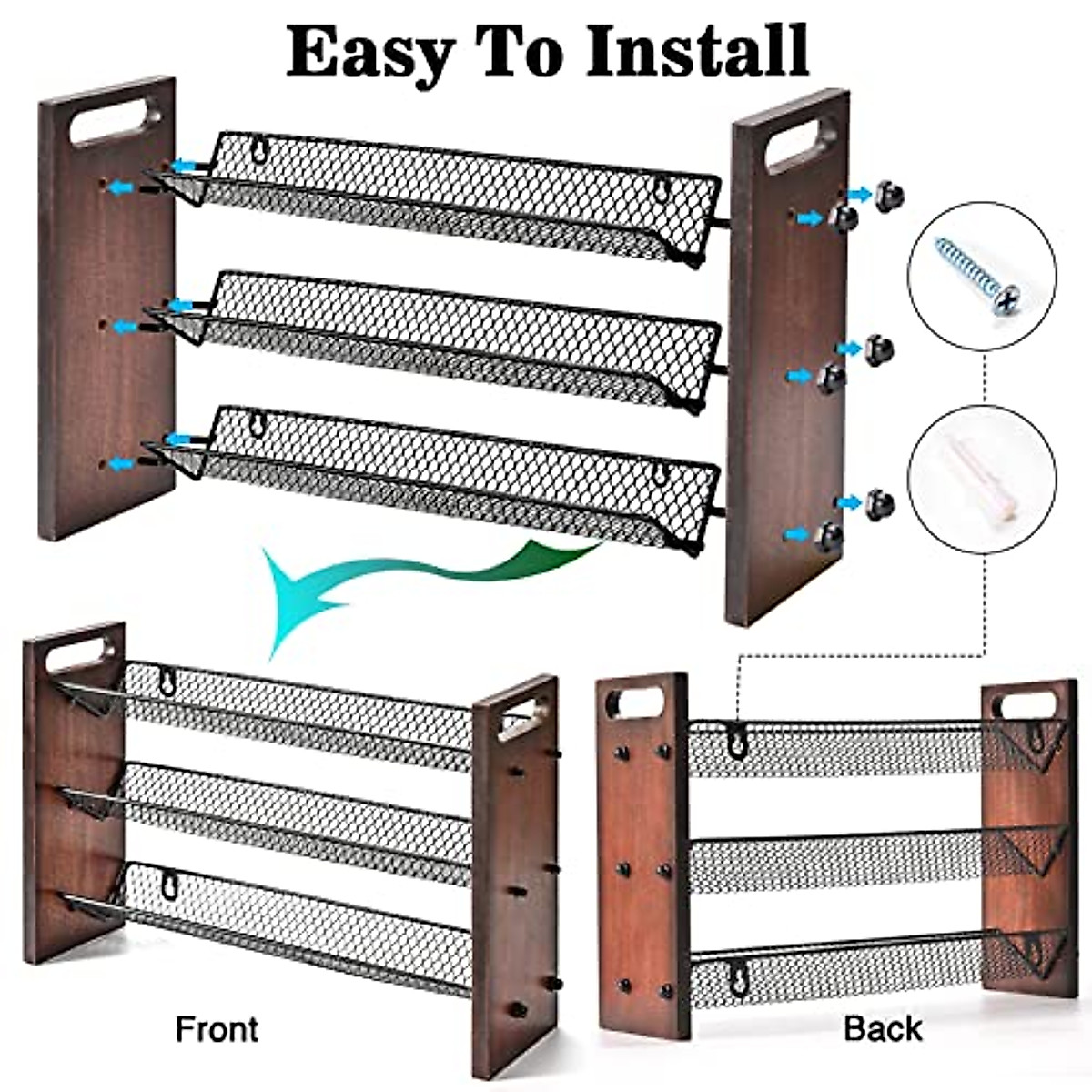 Roykoota Spice Rack, Spice Rack Organizer without Seasoning Jars, Wooden Spice Organizer, Rustic 3 Tier Kitchen Spice Rack Shelf for Cabinet, Countertop or Wall Mount