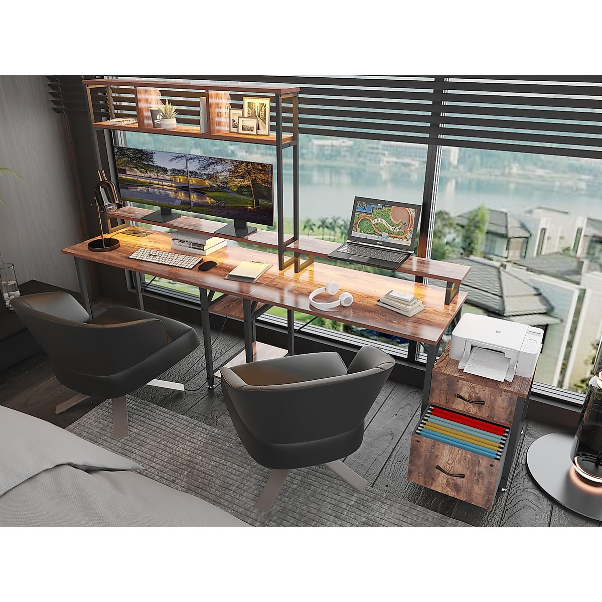 SZXKT L Shaped Desk with Drawers,Corner Desk with Storage,Gaming Desk with Power Outlet,L Desks for Home Office with Monitor Stand and LED Lights, Desk with Shelves and Bookshelf,Rustic Brown