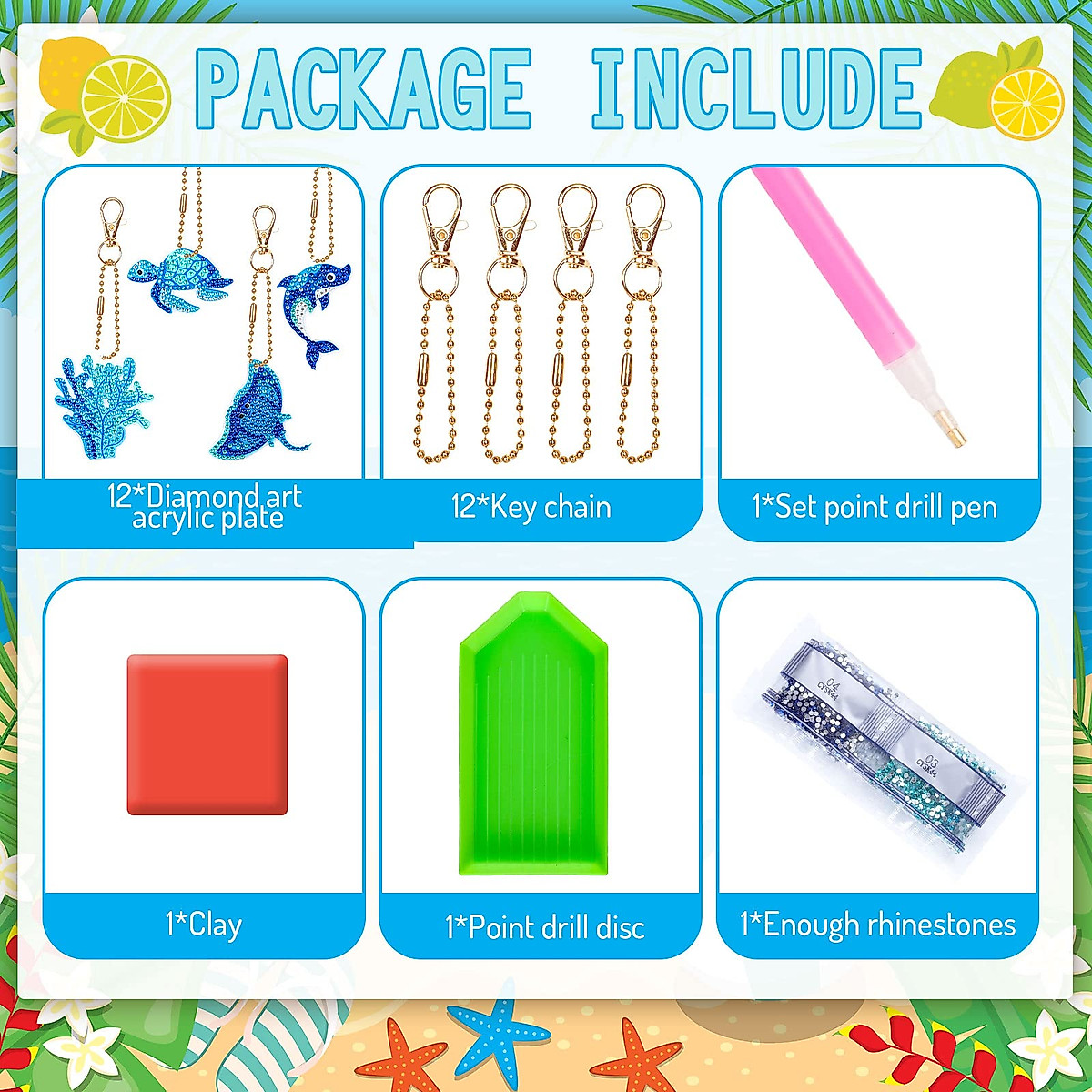 Whaline 12Pcs Summer Diamond Drawing Keychain Kit Ocean Fish Theme DIY Diamond Drawing Pendant Under The Sea Rhinestone Mosaic Making Full Drill Diamond Keychain for Crafts Gift