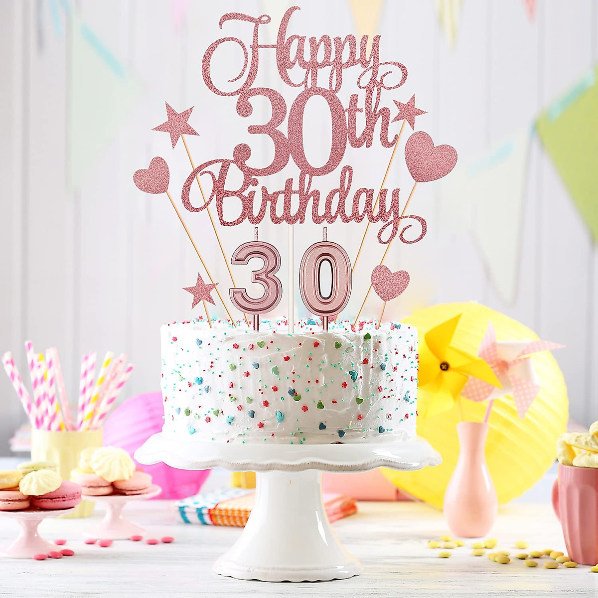 30th Birthday Cake Decorations Set Include 30th Birthday Candles Numeral 30 Cake Candles and Happy 30th Birthday Cake Toppers with Heart Star Cupcake Picks for Birthday Party (Rose Gold Series)