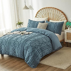 Senville Duvet Cover Queen Size,Blue Tufted Duvet Cover with Jacquard Rhombus Geometric Pattern,3 Pieces Boho Textured Shabby Chic Bedding Set with Zipper Closure for All Season (Denim Blue,Queen)