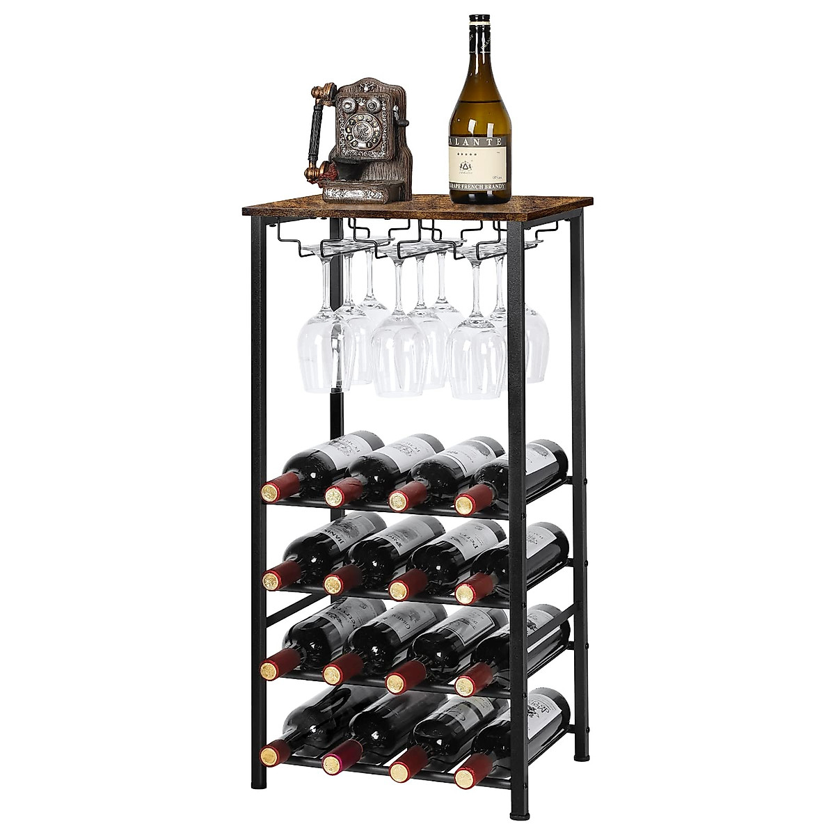 Wine Rack Table, FreeStanding Wine Bar Rack, Wine Bar Cabinet with GlassBottle Holder, Metal and Wood Industrial Wine Cabinet for Home, Floor Liquor Wine Cabinet Storage, for Bar Kitchen Dining, Brown
