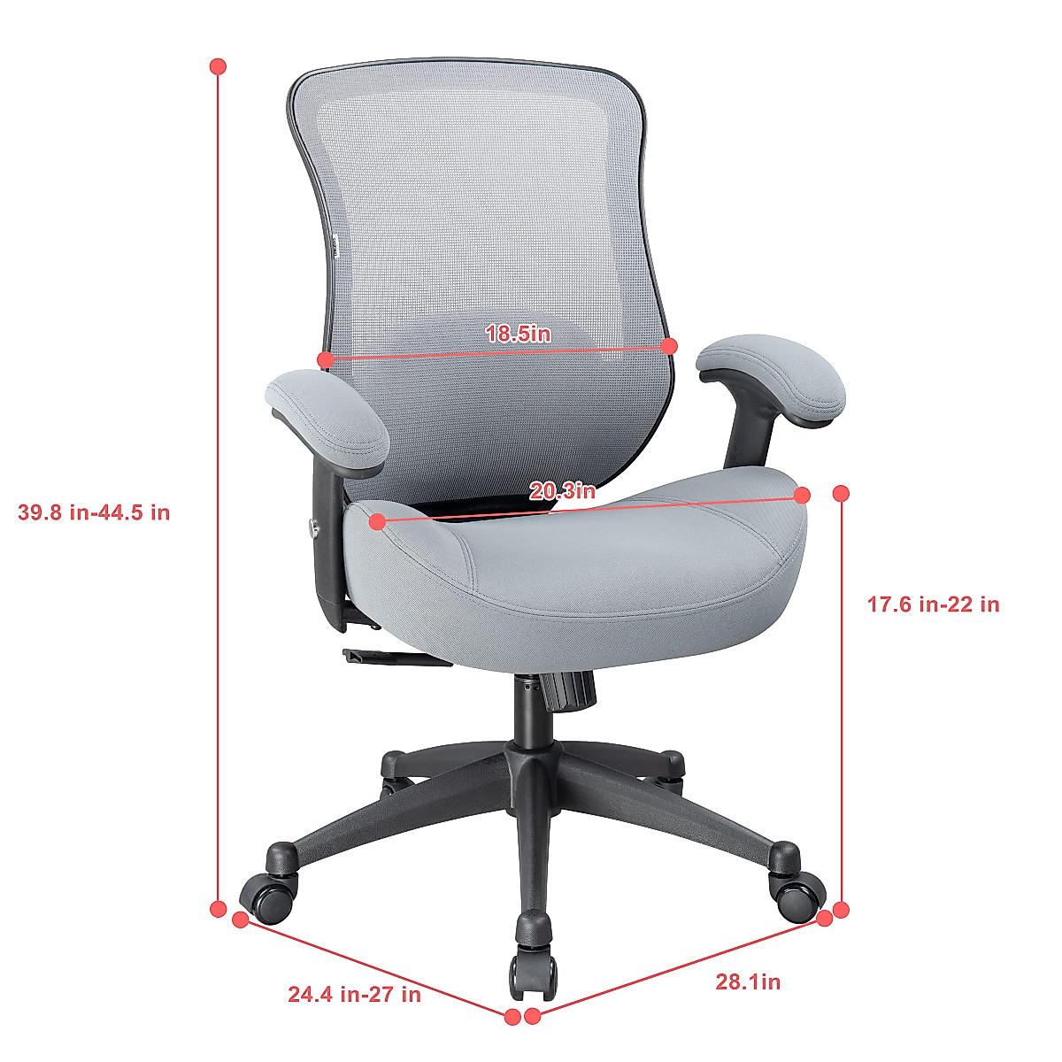 LONGBOSS Office Chair Ergonomic Desk Chair Mesh Computer Chair Height Adjusting Arm Waist Support Function -Grey